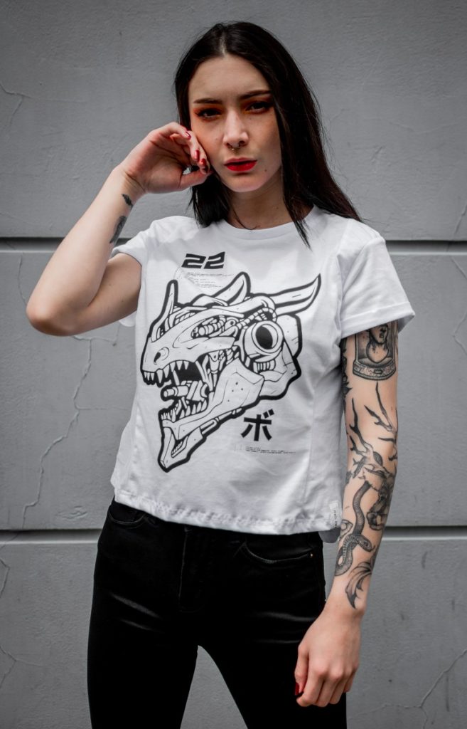 Women's White Bionic Dino T-shirt - Industrias Roboto